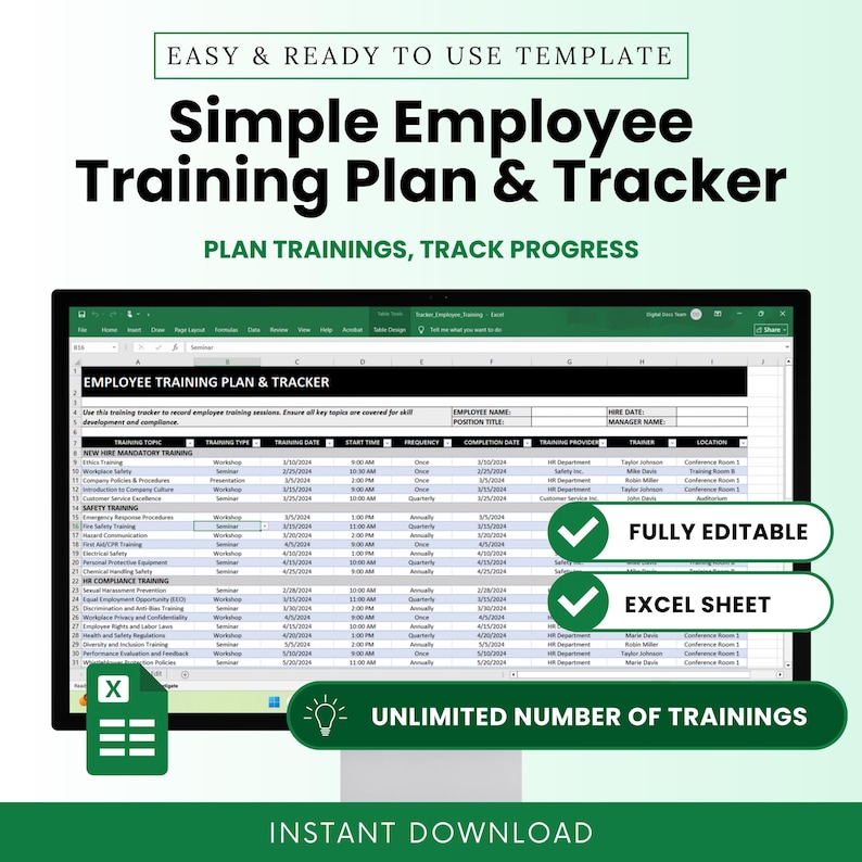 Simple Employee Training Plan & Tracker Template (MS Excel, Google ...