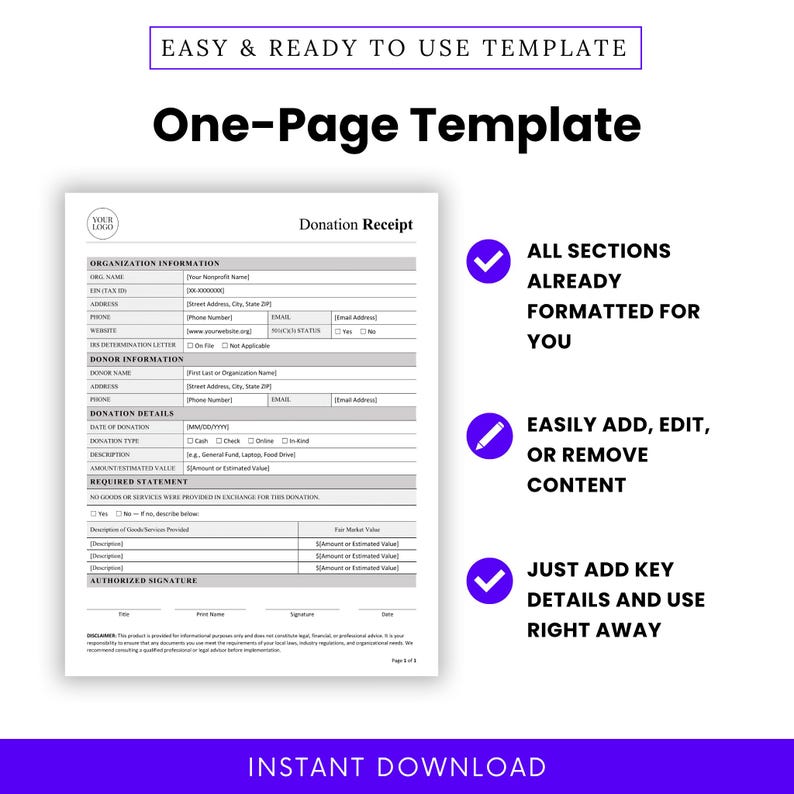 Donation Receipt Template – Word & PDF, A4 + US Letter - Etsy