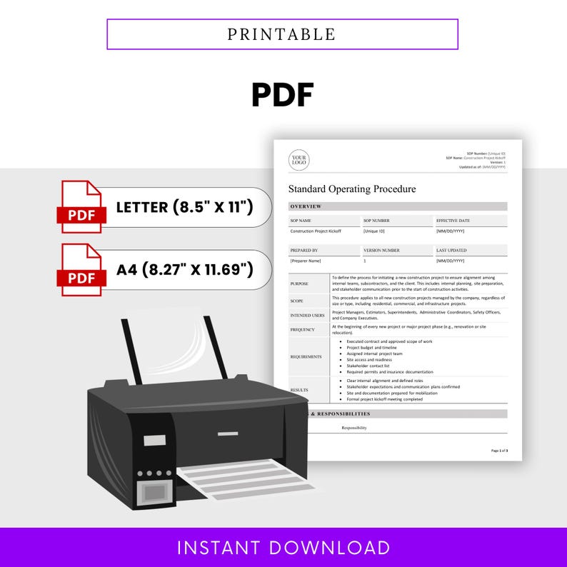Construction Project Kickoff SOP Template – Word & PDF, A4 + US Letter ...