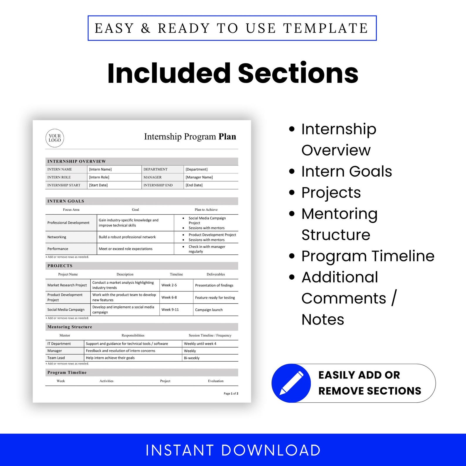 Internship Program Plan Template (word, PDF) | Intern Onboarding Plan ...