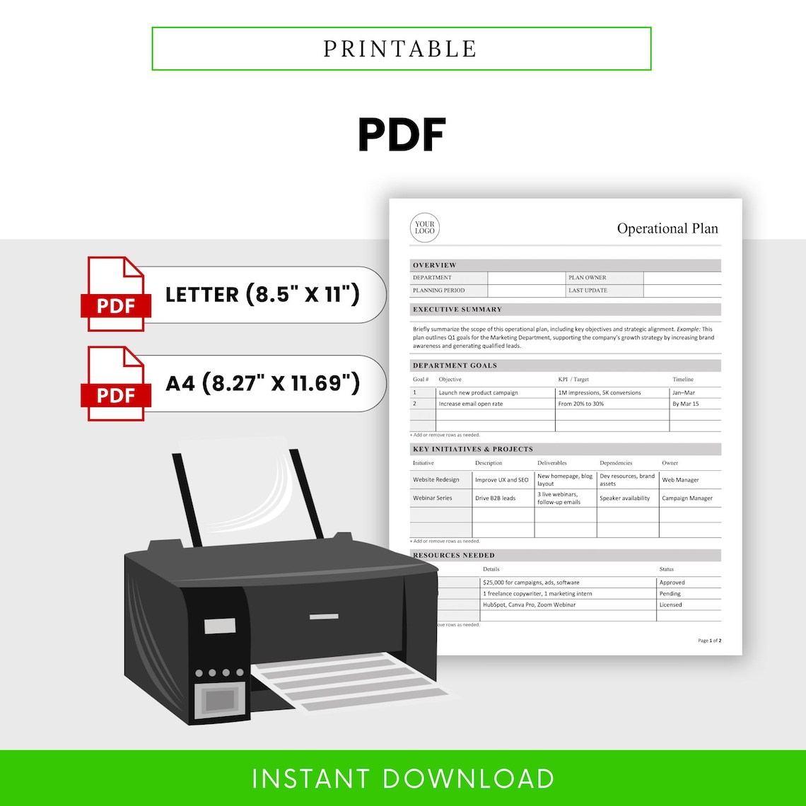 Simple Operational Plan Template (word, PDF) | Department Goal Setting ...