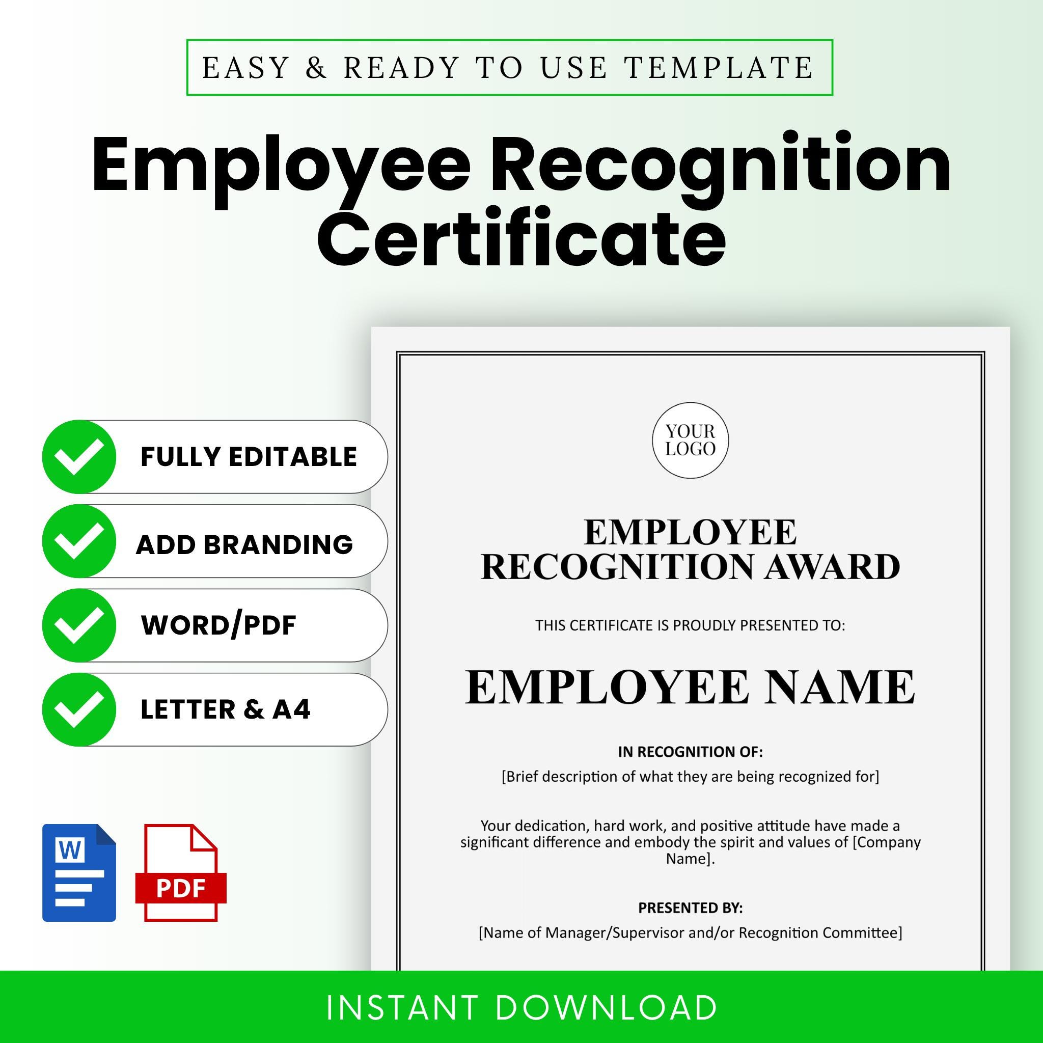 Employee Recognition Certificate Template (MS Word, PDF) | Employee ...