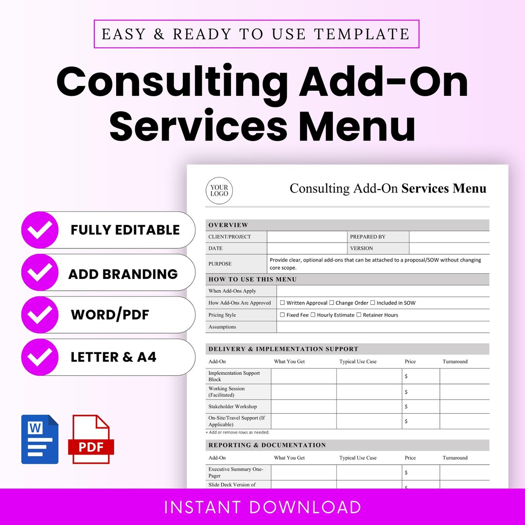 Consulting Add-on Services Menu Template – Word & PDF, A4 + US Letter ...