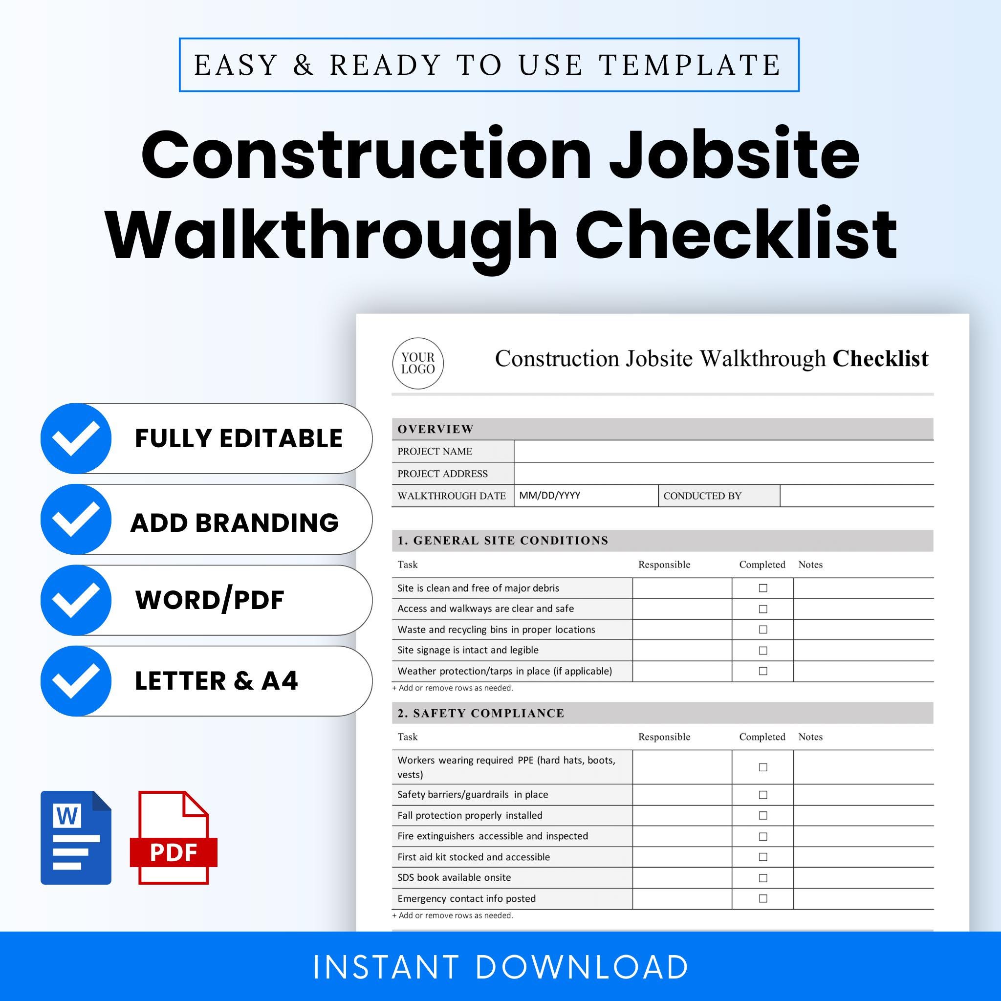 Construction Jobsite Walkthrough Checklist Template – Word & PDF, A4 ...