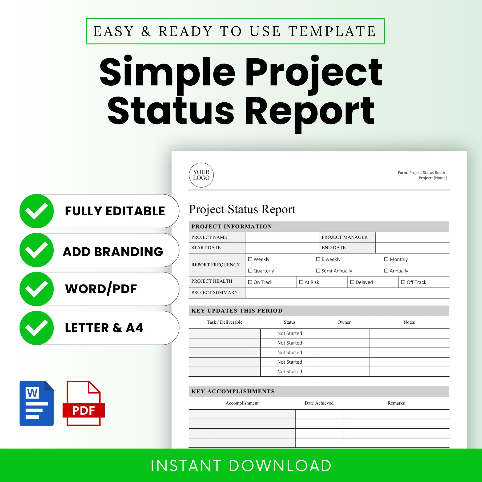 Simple Project Status Report Template (word, PDF) | Project Update ...