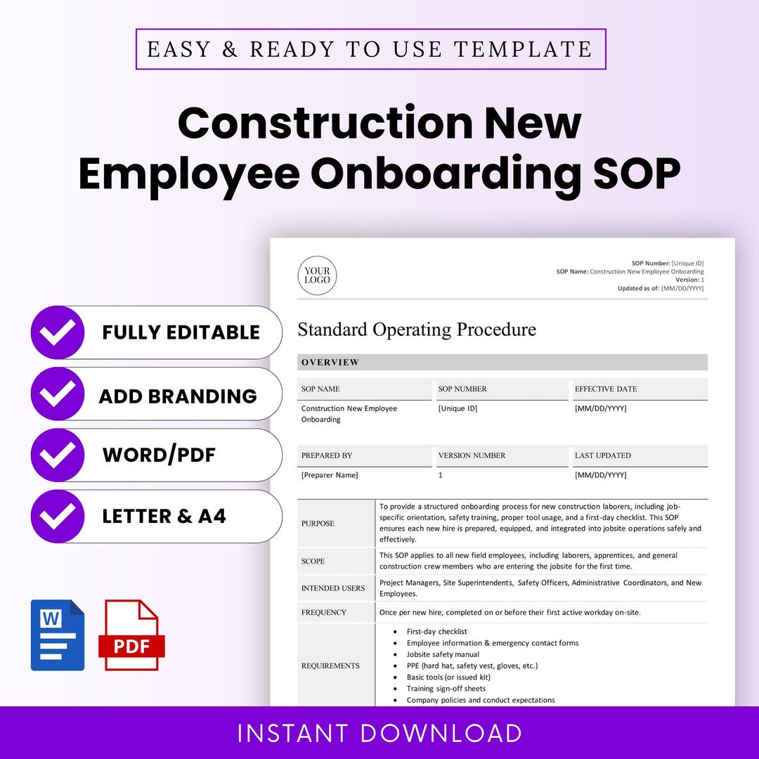 Construction New Employee Onboarding SOP Template – Word & PDF, A4 + US ...