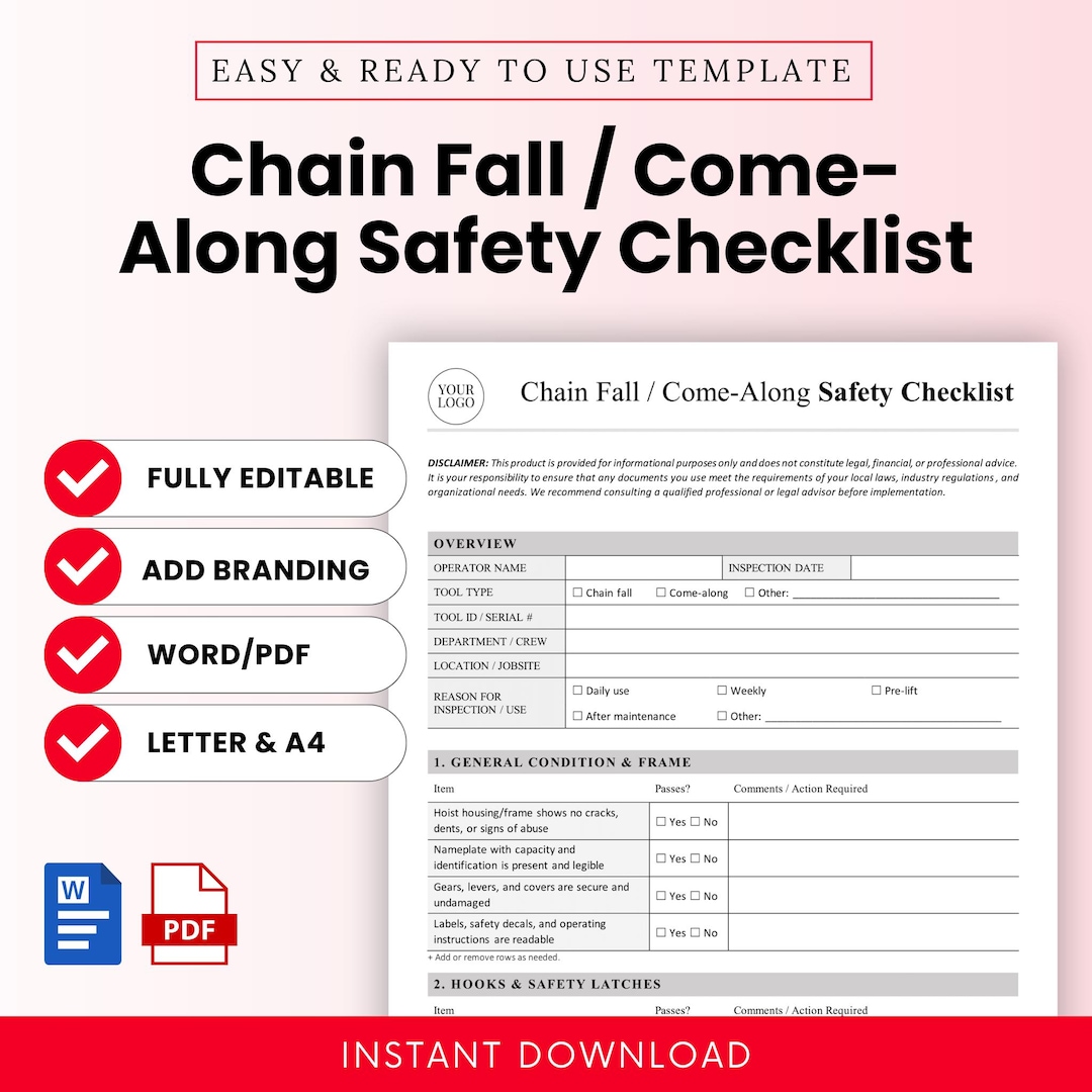 Chain Fall / Come-along Safety Checklist Template – Word & PDF, A4 + US ...