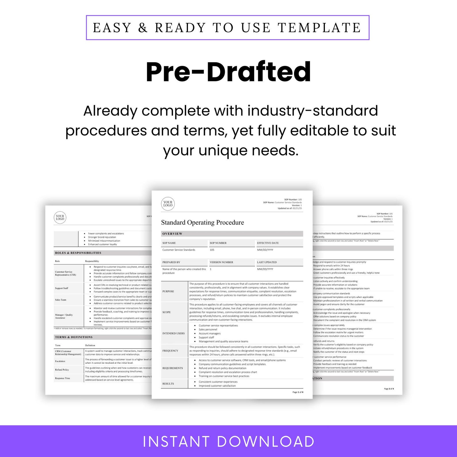 Customer Service Standards SOP Template (word, PDF) | Simple Standard ...