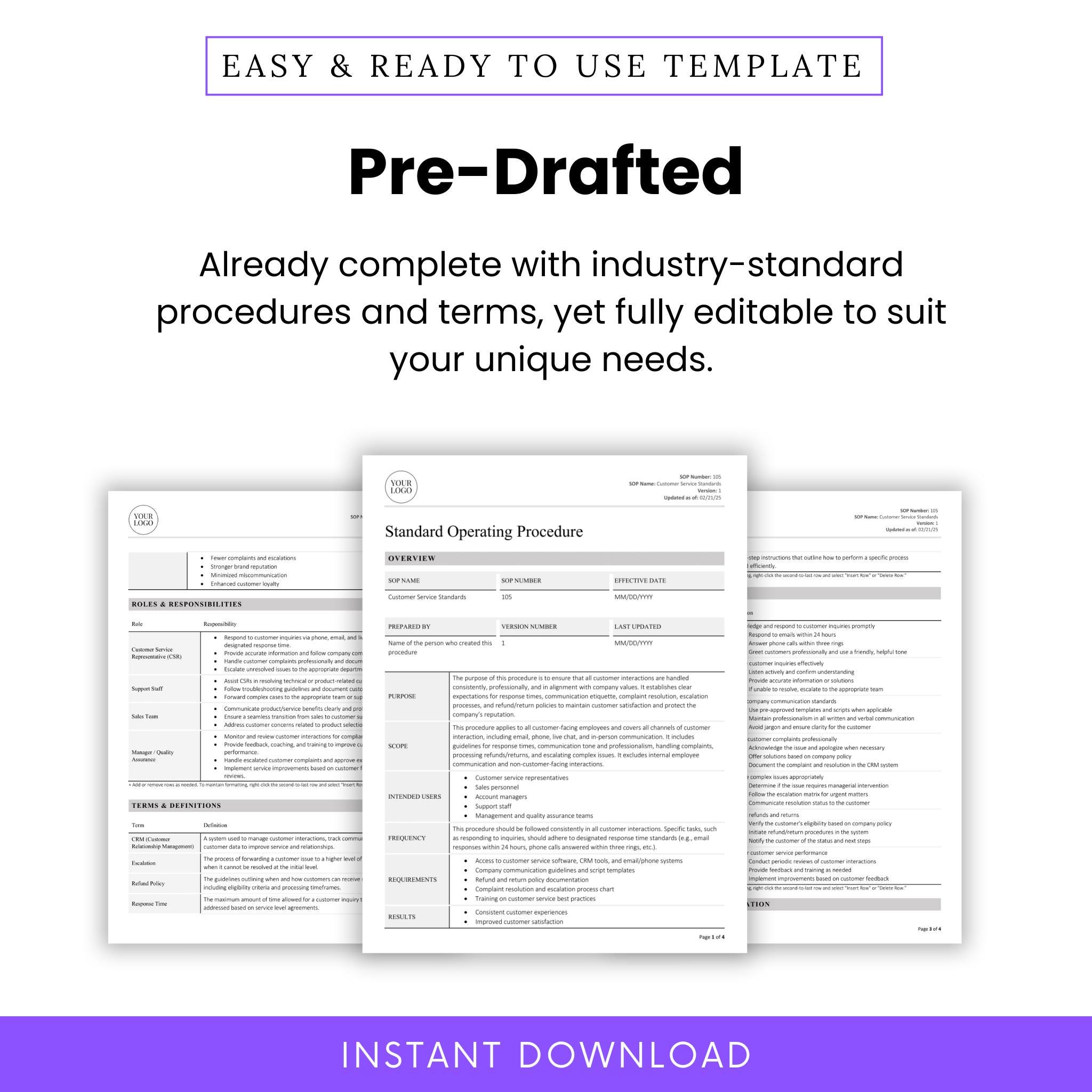 Customer Service Standards SOP Template (word, PDF) | Simple Standard ...