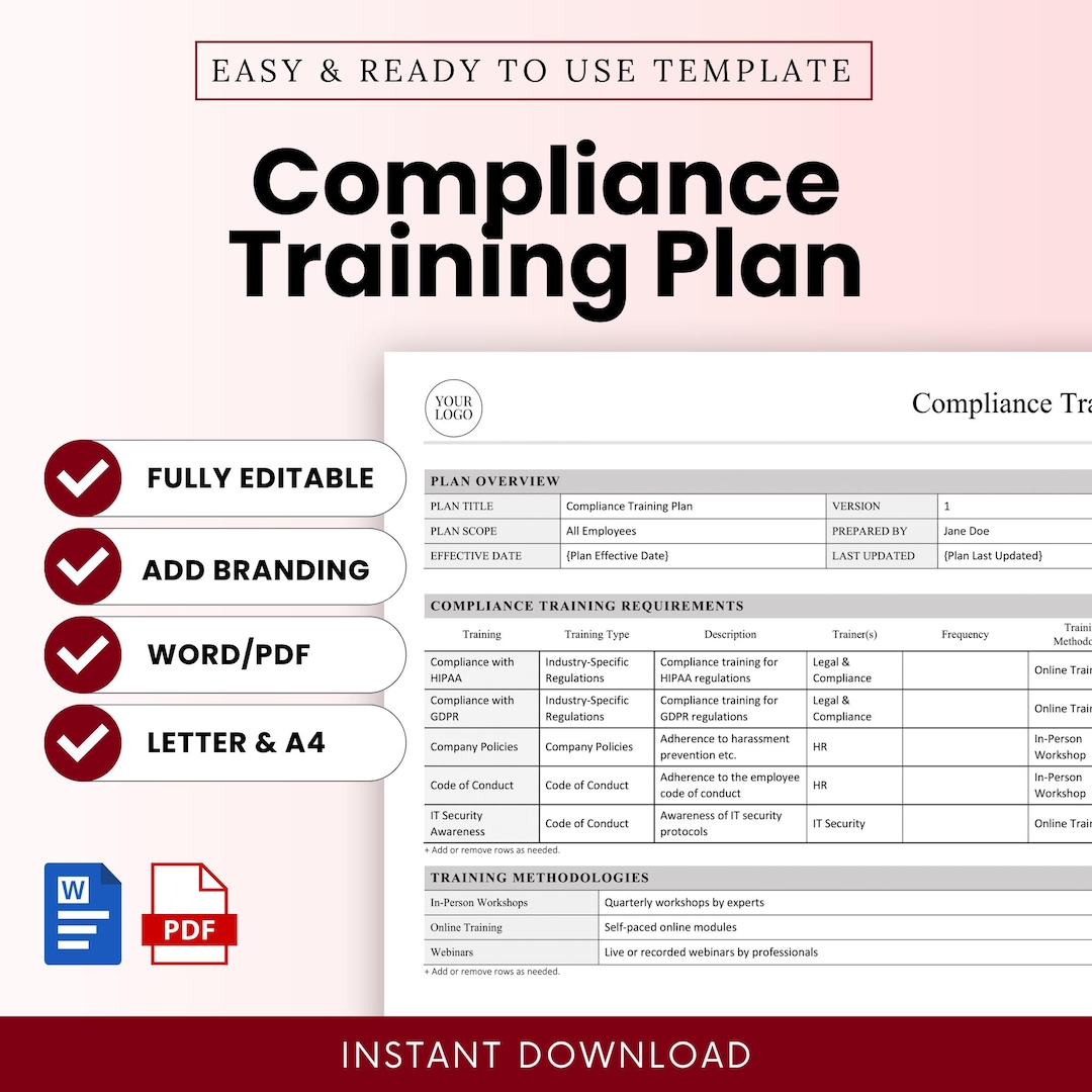 Compliance Training Plan Template (word, PDF), Employee Training Planner, New Hire Onboarding ...