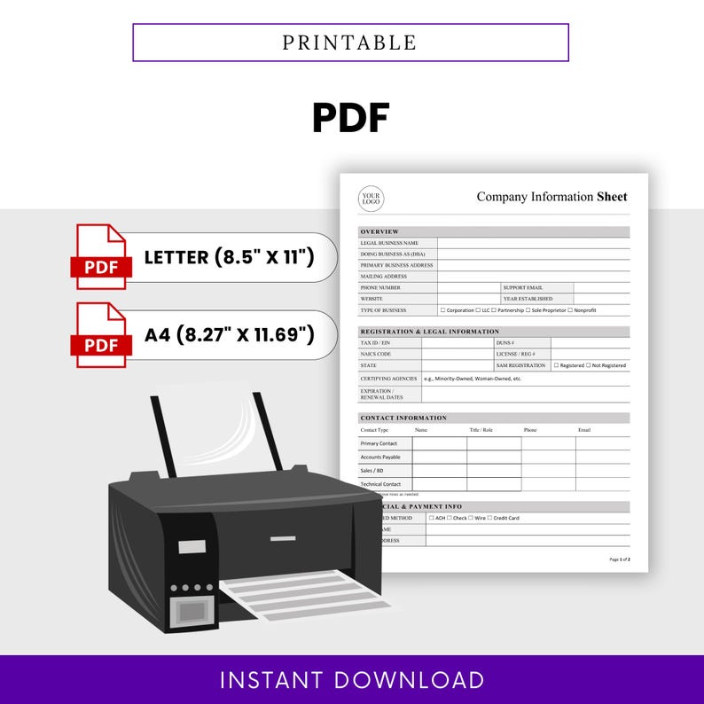Company Information Sheet Template – Word & PDF, A4 + US Letter - Etsy