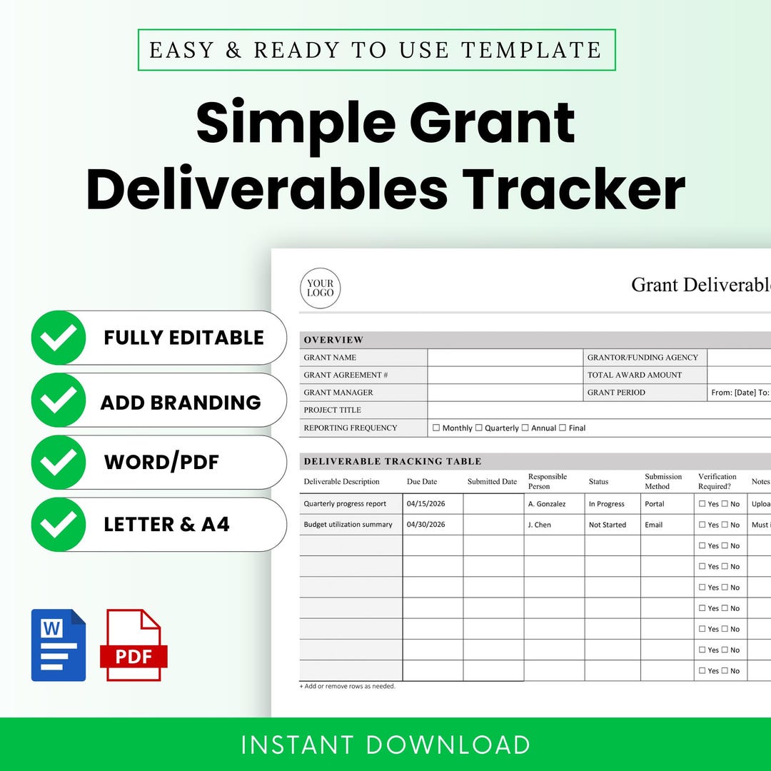 Simple Grant Deliverables Tracker Template – Word & PDF, A4 + US Letter ...