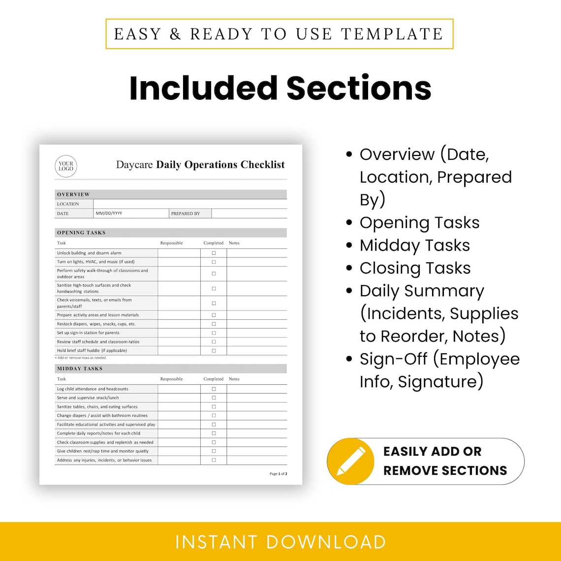 Daycare Daily Operations Checklist Template – Word & PDF, A4 + US ...