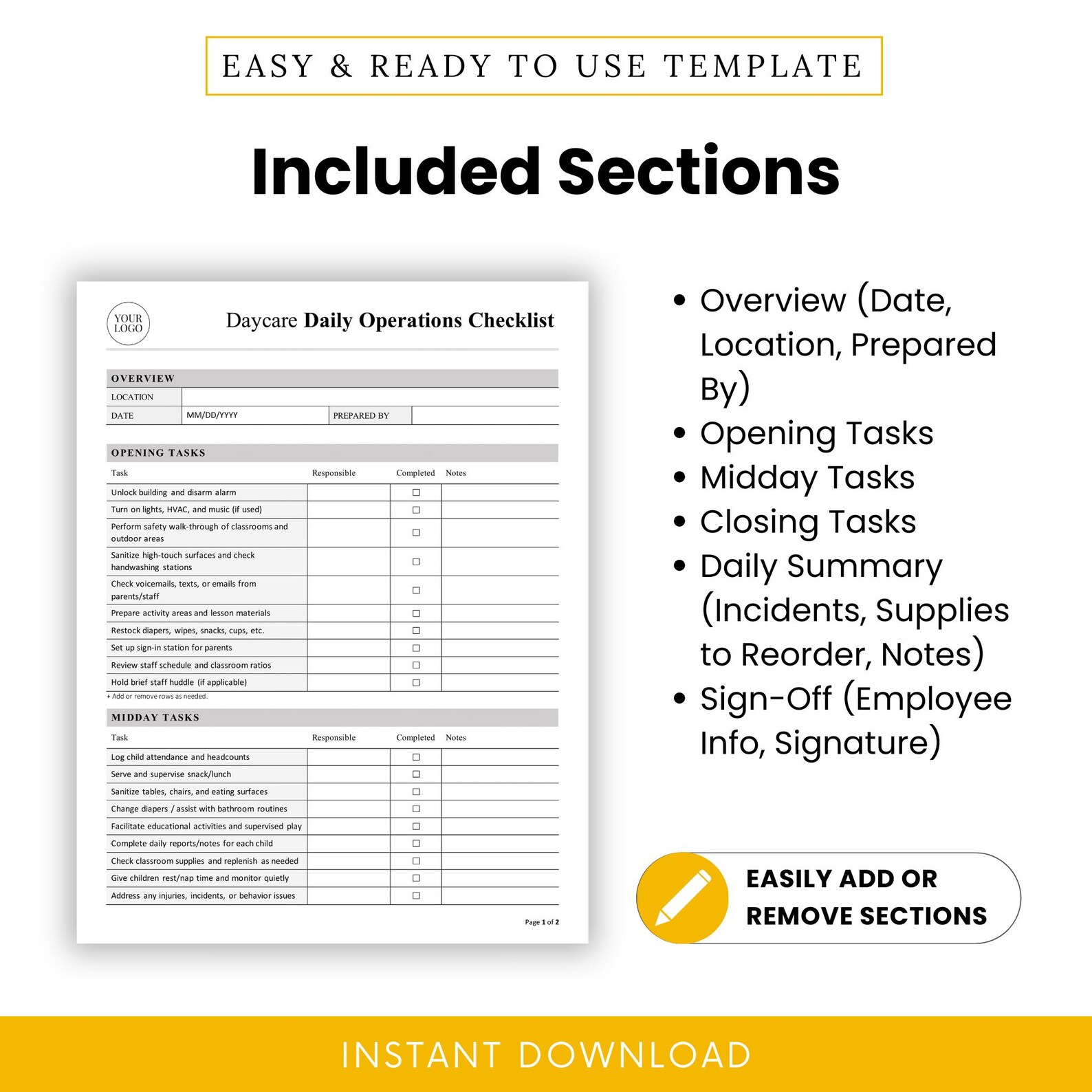 Daycare Daily Operations Checklist Template – Word & PDF, A4 + US ...