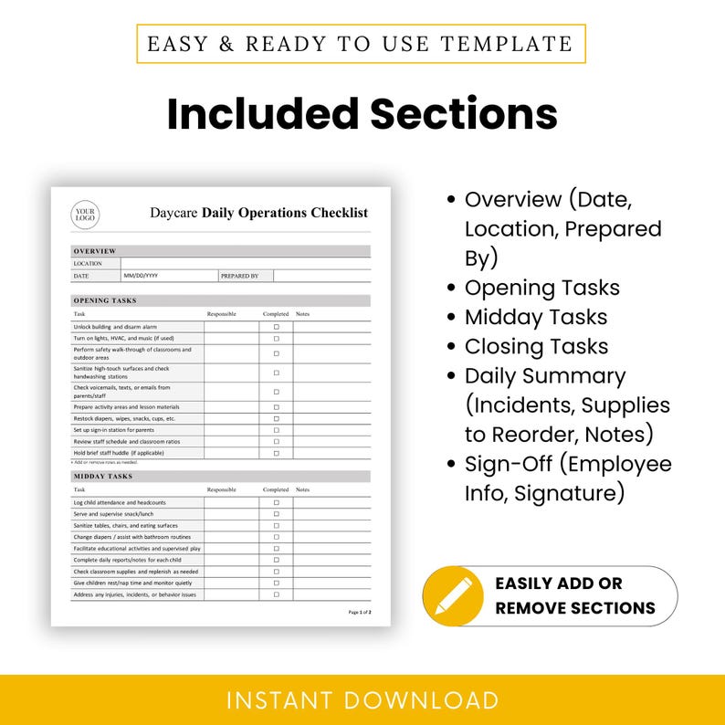 Daycare Daily Operations Checklist Template – Word & PDF, A4 + US ...