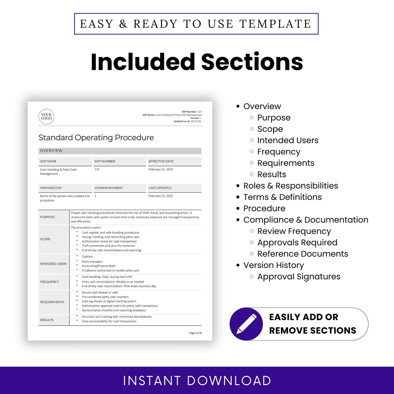 Cash Handling, Petty Cash Management SOP Template (Word, PDF) | Simple ...