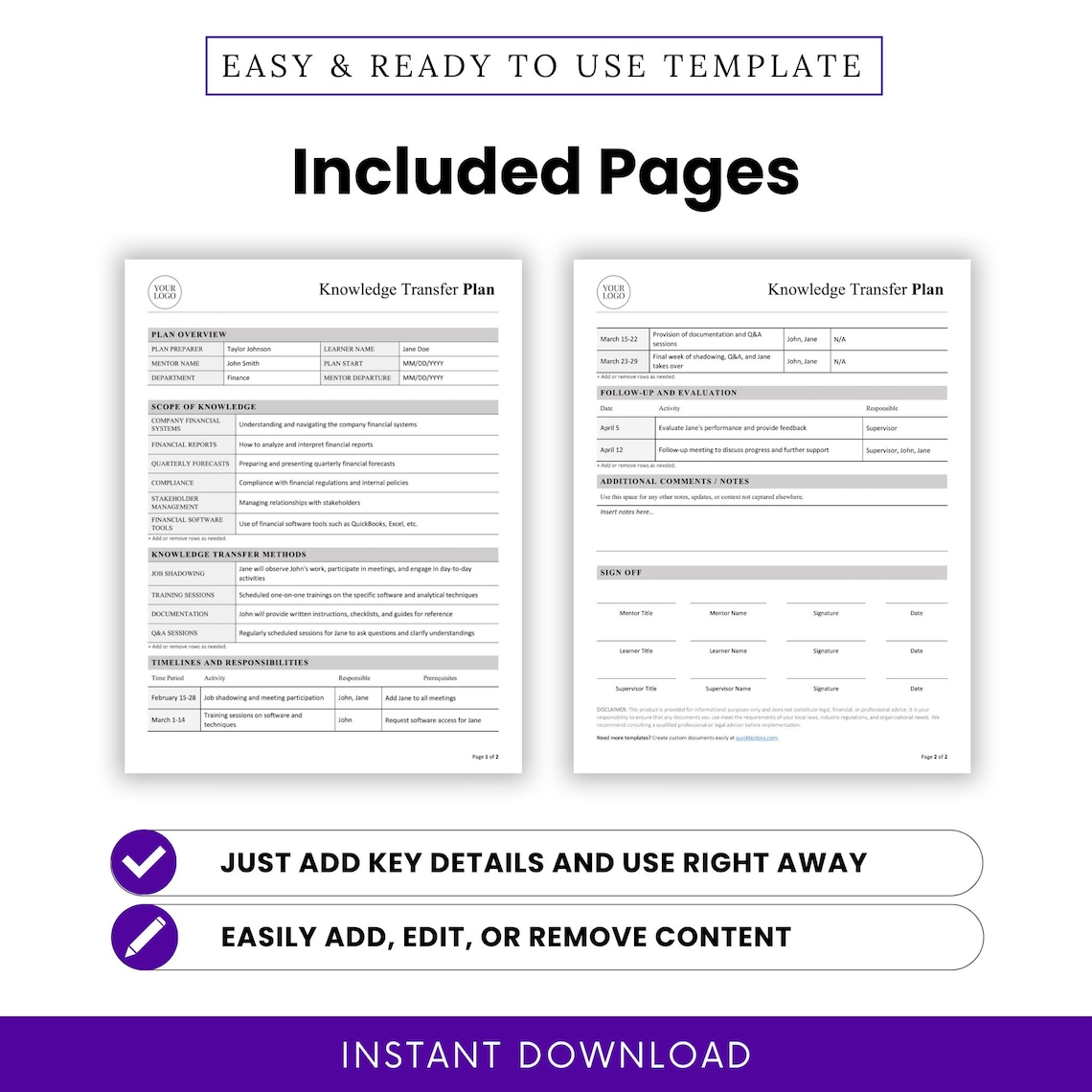 Knowledge Transfer Plan Template (word, PDF) | Simple Employee ...