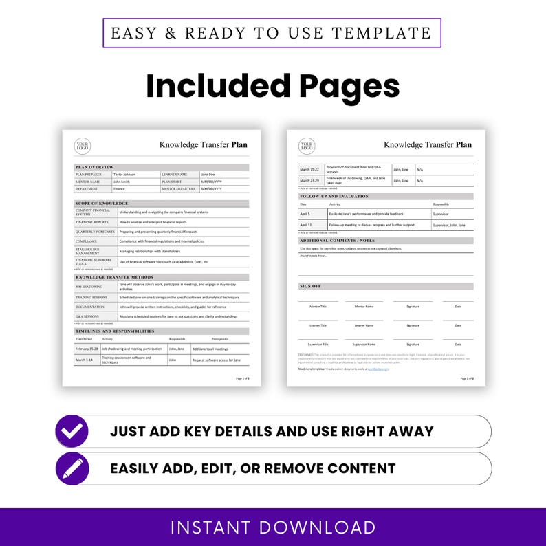 Knowledge Transfer Plan Template (word, PDF) | Simple Employee ...