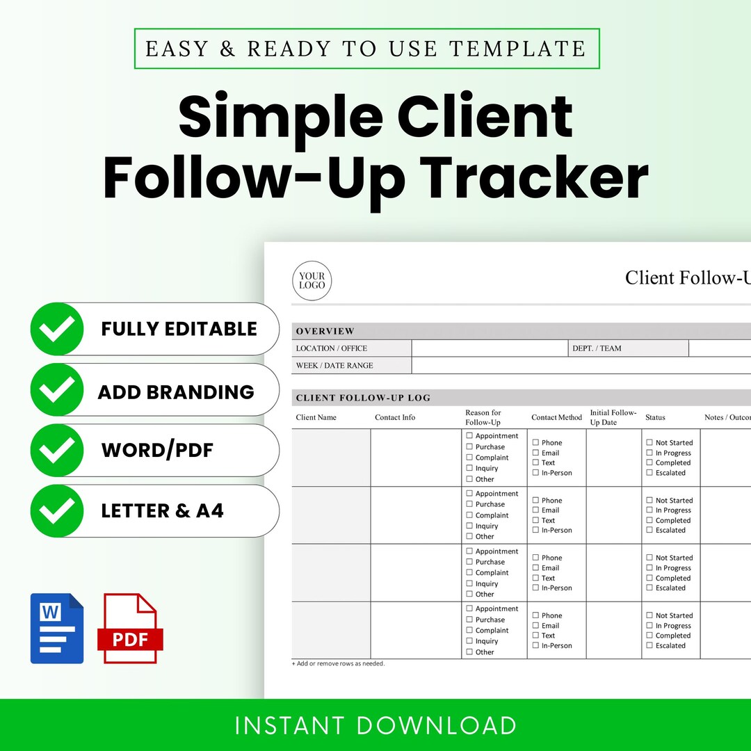 Simple Client Follow-up Tracker – Word & PDF, A4 + US Letter - Etsy