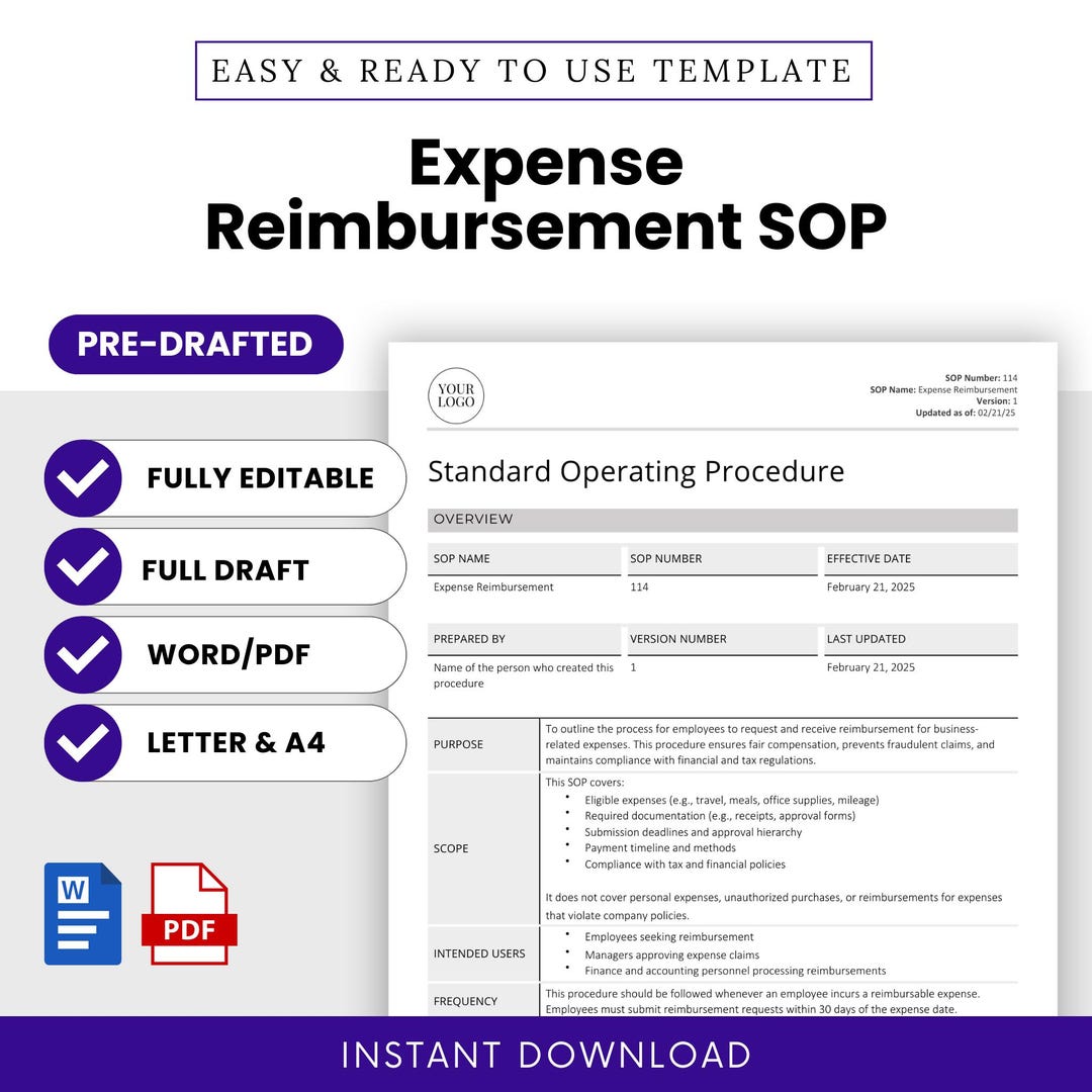 Expense Reimbursement SOP Template (word, PDF) | Simple Standard ...