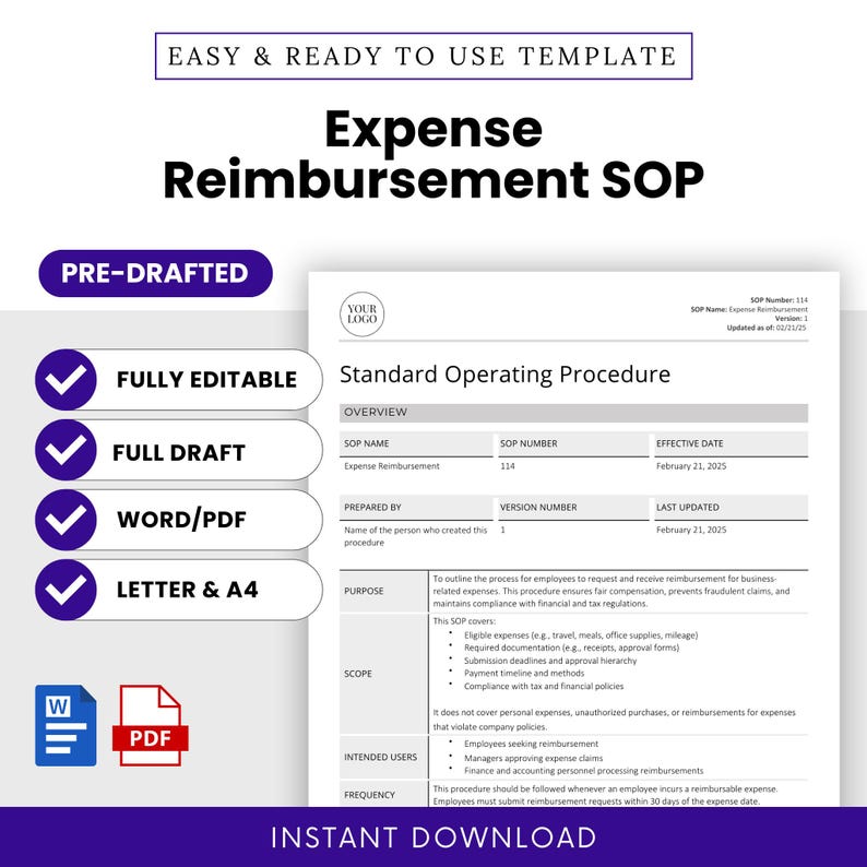 Expense Reimbursement SOP Template (word, PDF) | Simple Standard ...