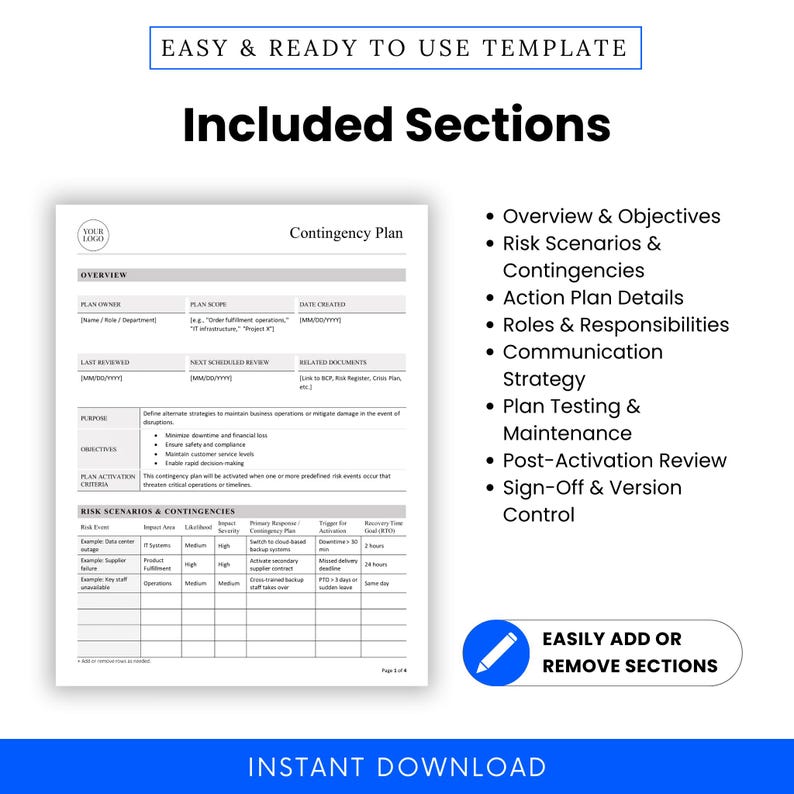 Contingency Plan Template – Word & PDF, A4 + US Letter - Etsy