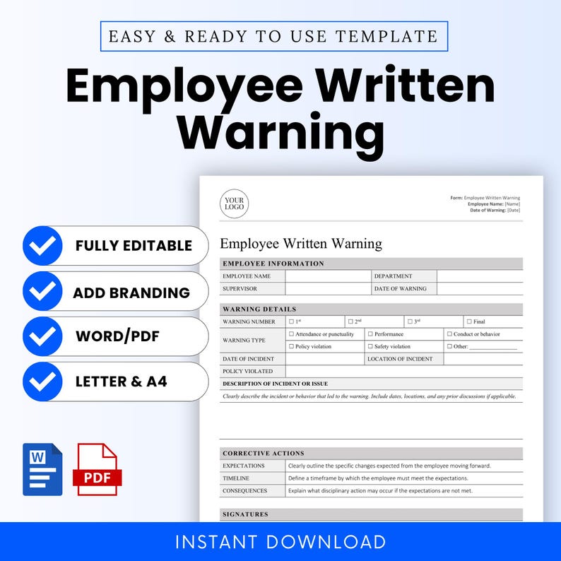 Employee Written Warning Template (word, PDF) | Editable Employee ...