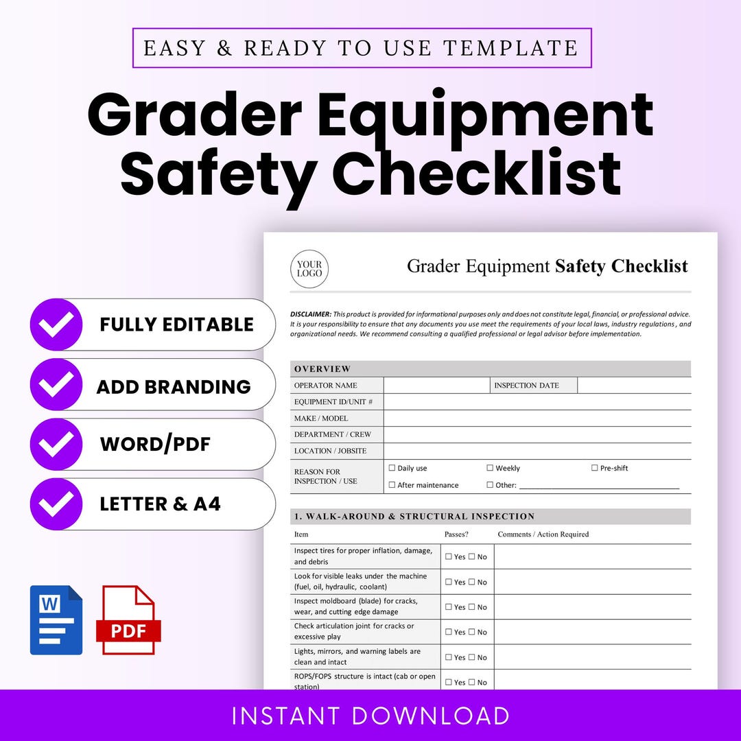 Grader Equipment Safety Checklist Template – Word & PDF, A4 + US Letter ...