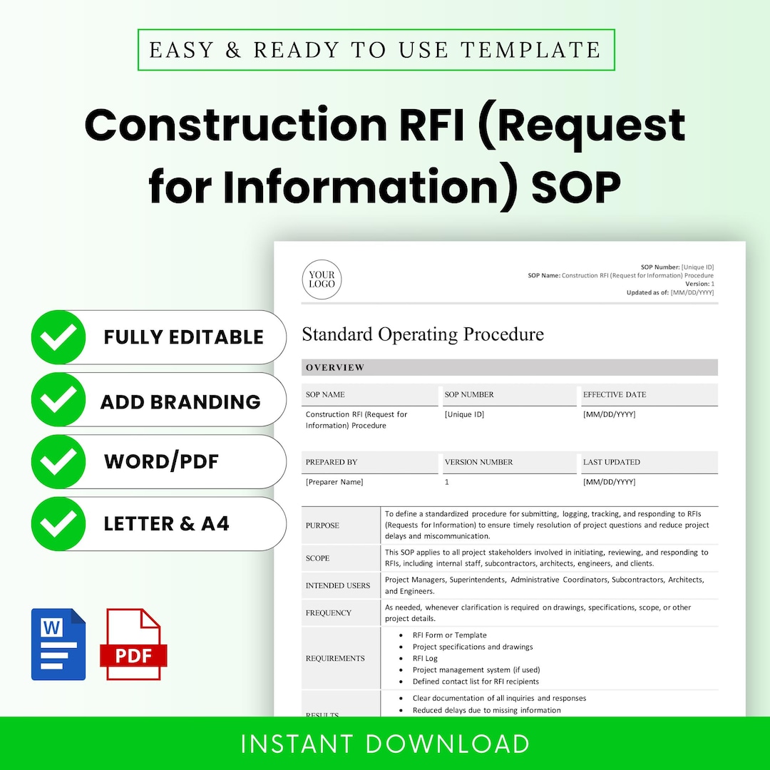 Construction Request for Information SOP Template – Word & PDF, A4 + US ...