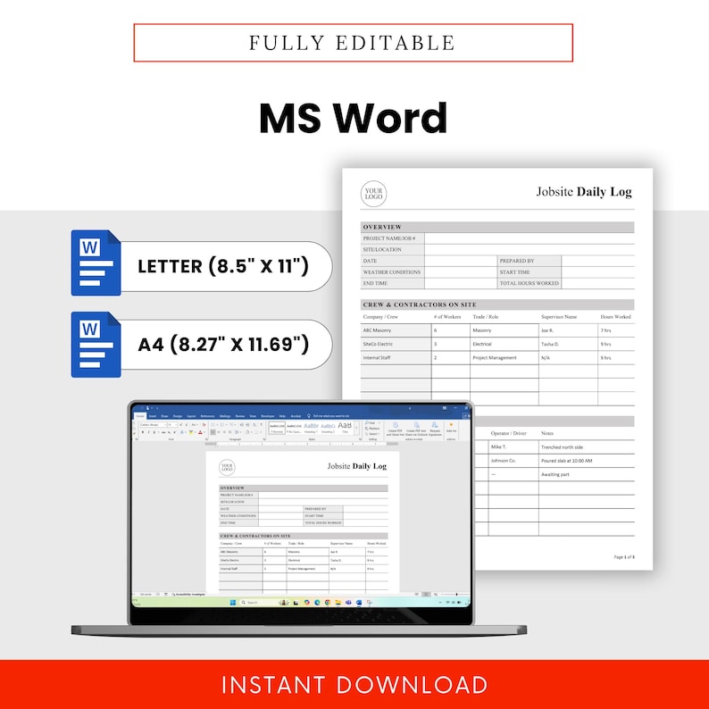 Jobsite Daily Log Template – Word & PDF, A4 + US Letter - Etsy