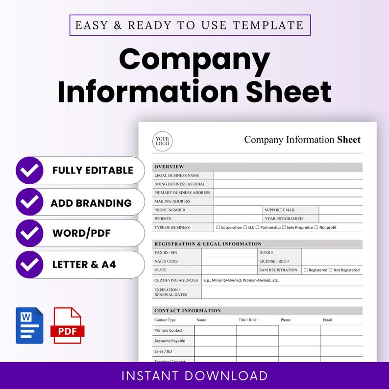 Company Information Sheet Template – Word & PDF, A4 + US Letter - Etsy