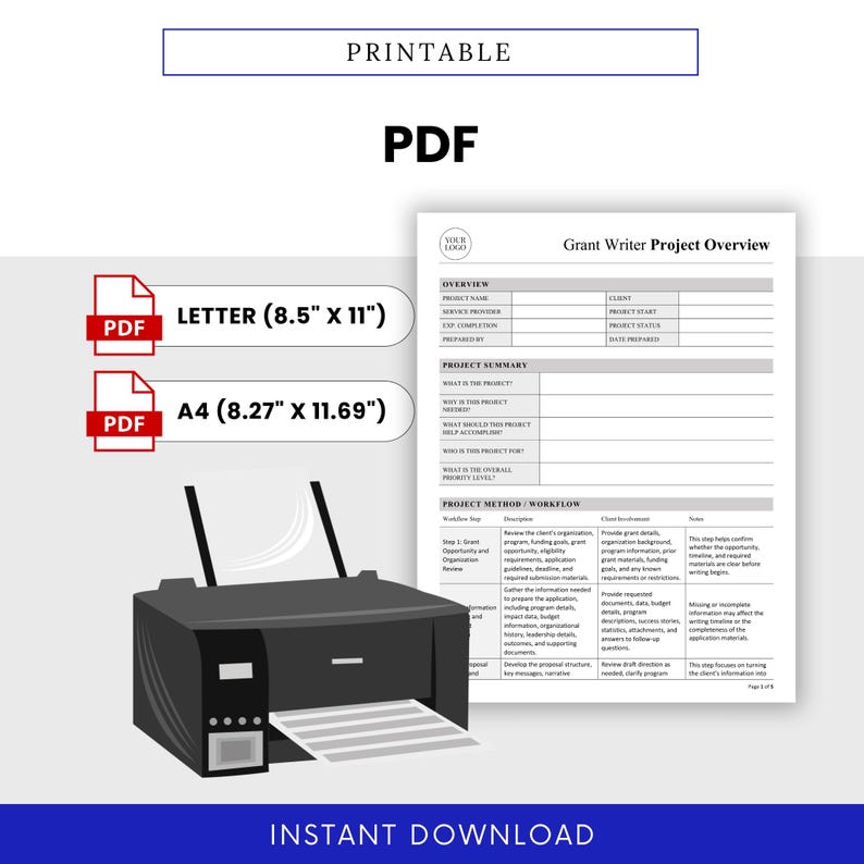 Grant Writer Project Overview Template – Word & PDF, A4 + US Letter ...