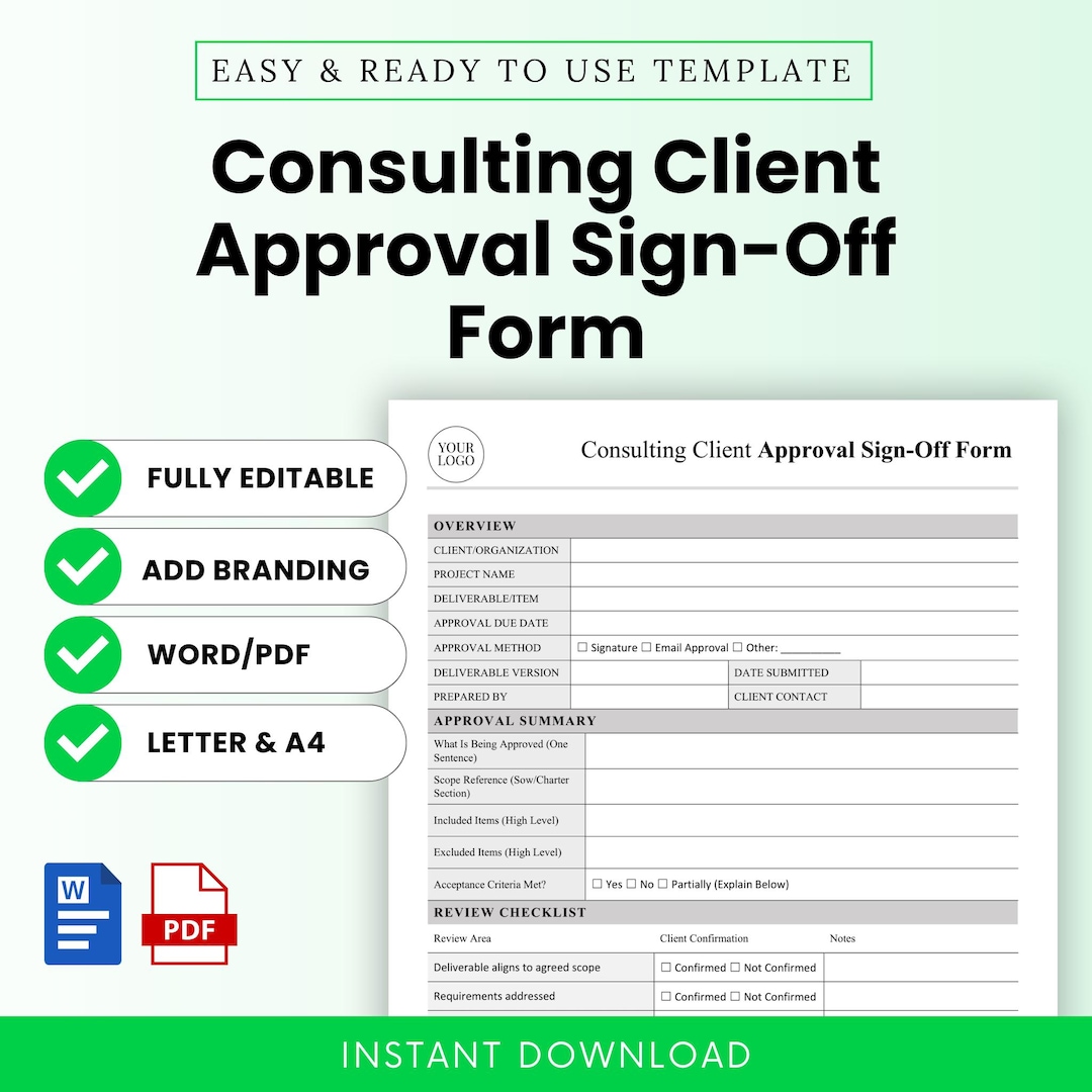 Consulting Client Approval Sign-off Form Template – Word & PDF, A4 + US ...