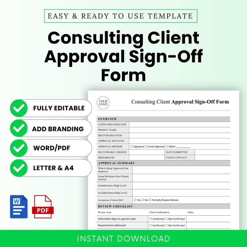 Consulting Client Approval Sign-off Form Template – Word & PDF, A4 + US ...