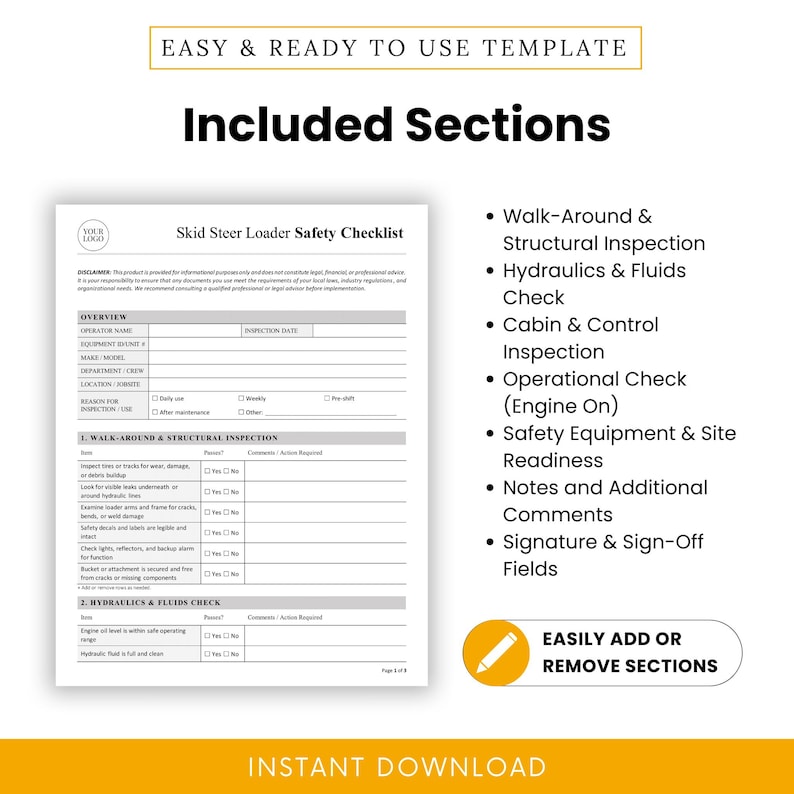 Skid Steer Loader Safety Checklist Template – Word & PDF, A4 + US ...