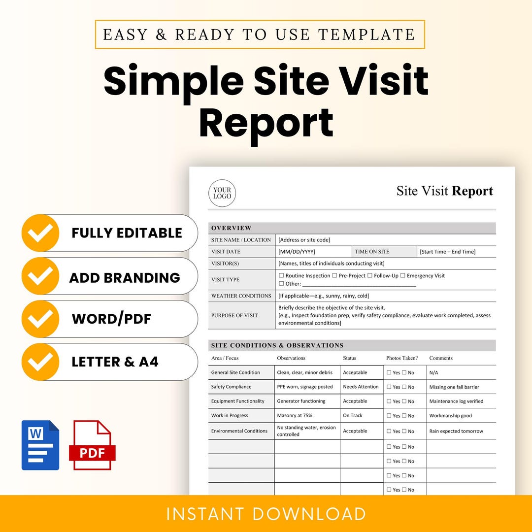 Simple Site Visit Report Template – Word & PDF, A4 + US Letter - Etsy