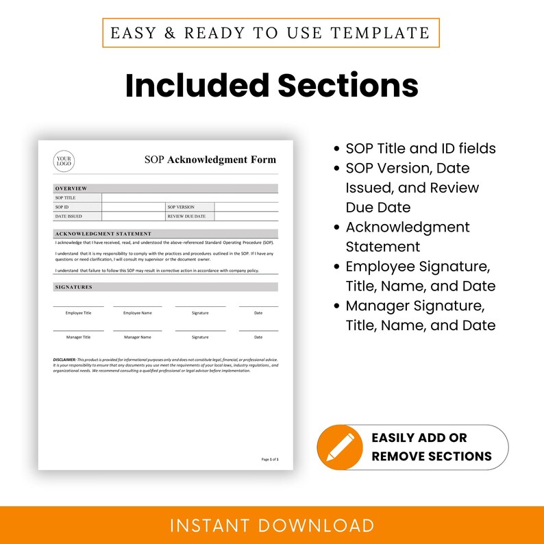 SOP Acknowledgment Form Template – Word & PDF, A4 + US Letter - Etsy