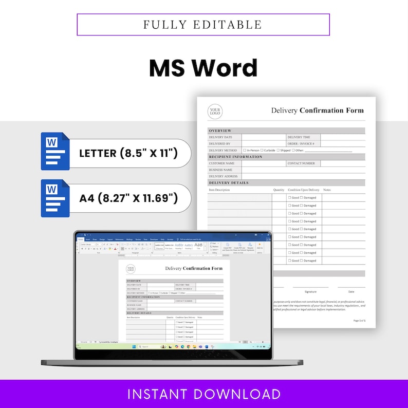 Delivery Confirmation Form Template – Word & PDF, A4 + US Letter - Etsy
