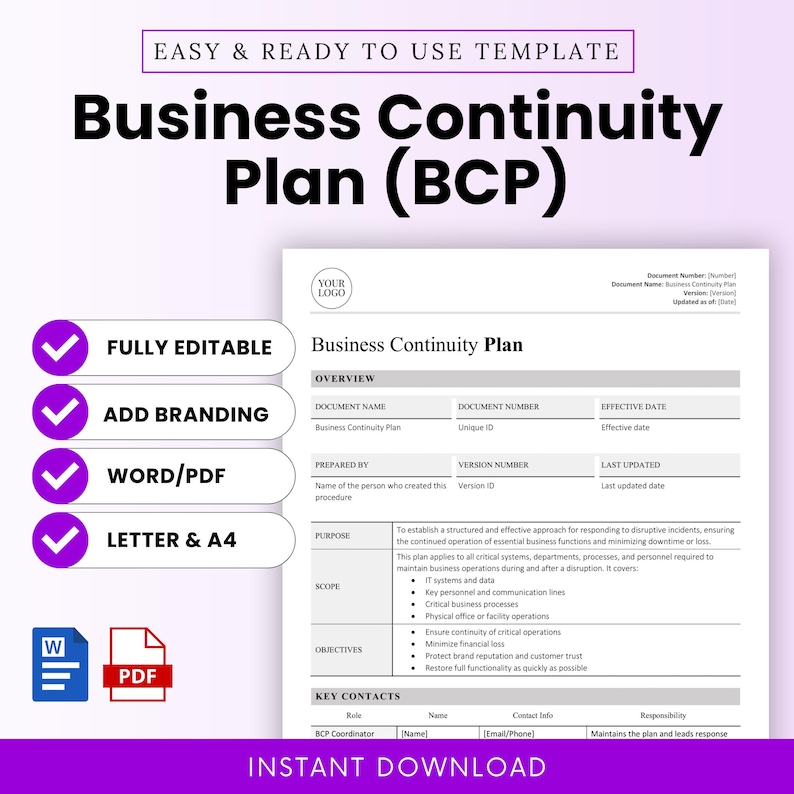 Simple Business Continuity Plan Template (word, PDF) | Business ...