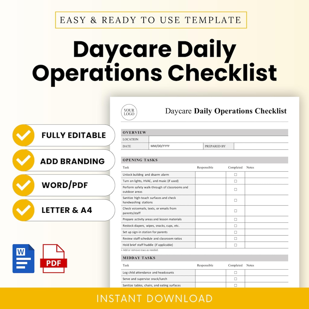 Daycare Daily Operations Checklist Template – Word & PDF, A4 + US ...