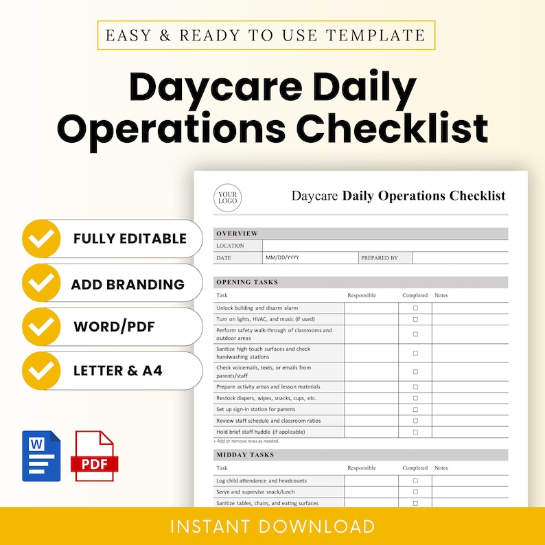 Daycare Daily Operations Checklist Template – Word & PDF, A4 + US ...