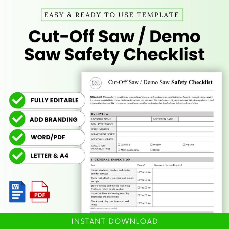 Cut-off Saw / Demo Saw Safety Checklist Template – Word & PDF, A4 + US ...