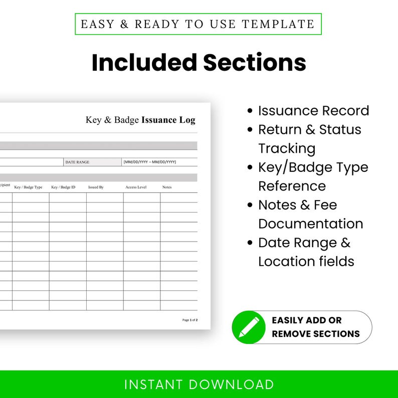 Employee Key and Badge Issuance Log Template - Word & PDF, A4 + US ...