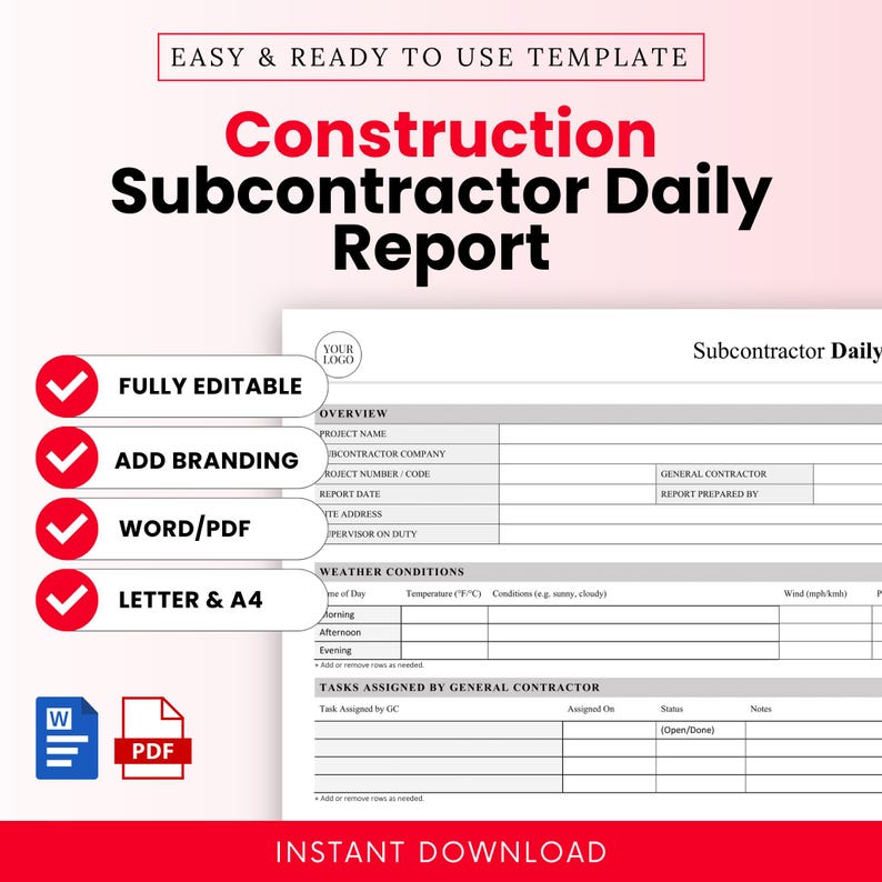 Construction Subcontractor Daily Report Template – Word & PDF, A4 + US ...