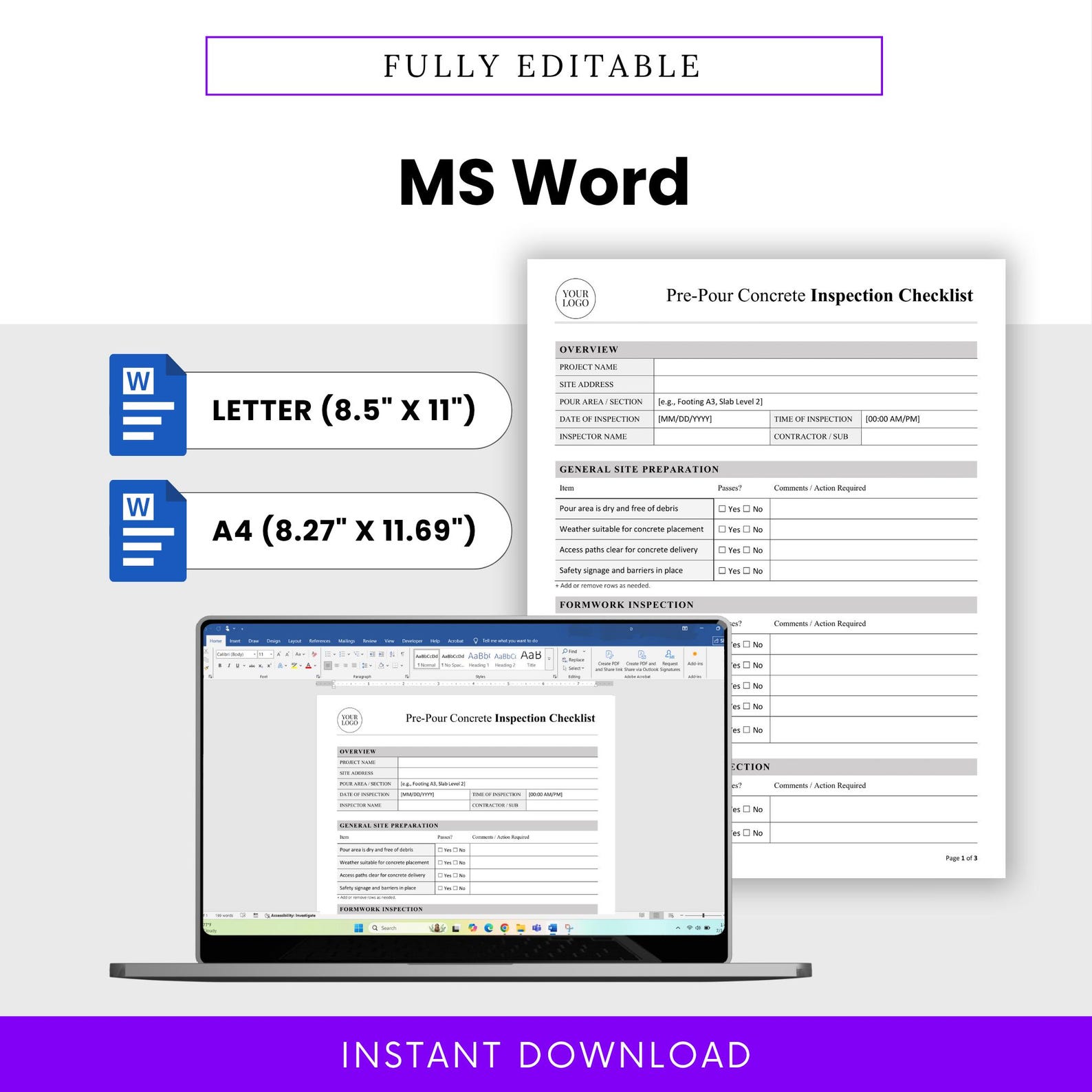 Pre-pour Concrete Inspection Checklist Template – Word & PDF, A4 + US ...