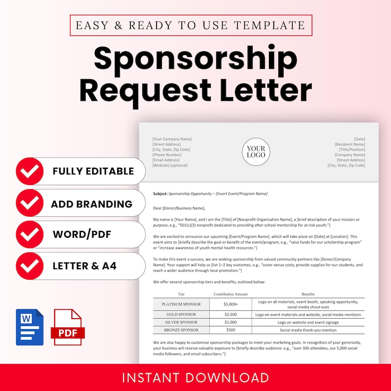 Sponsorship Request Letter Template – Word & PDF, A4 + US Letter - Etsy