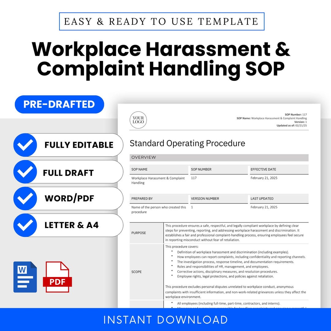 Workplace Harassment & Complaint Handling SOP Template (word, PDF ...