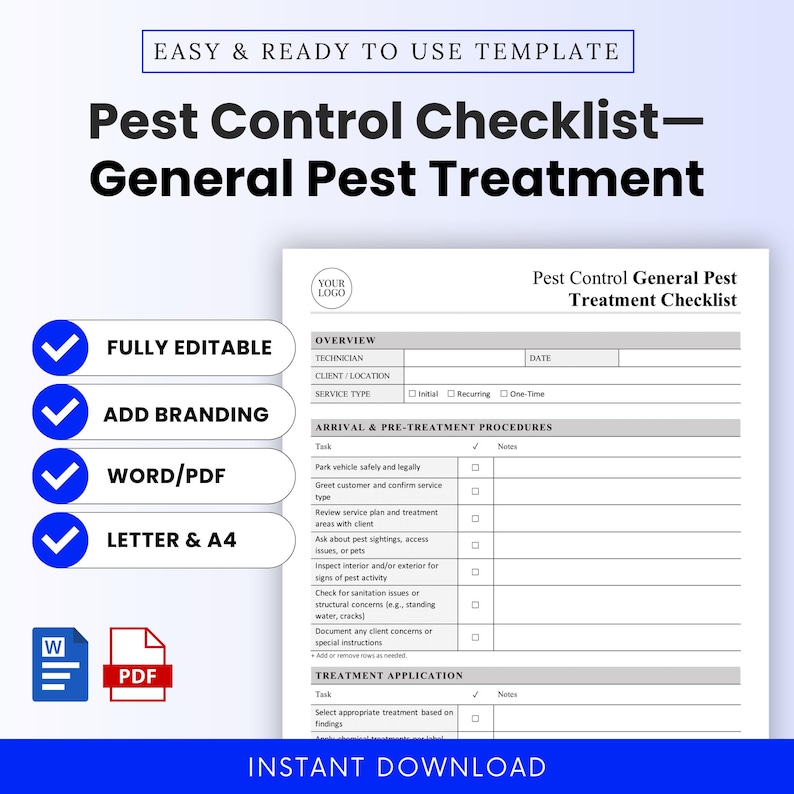 Pest Control General Pest Treatment Checklist Template - Word & PDF, A4 ...