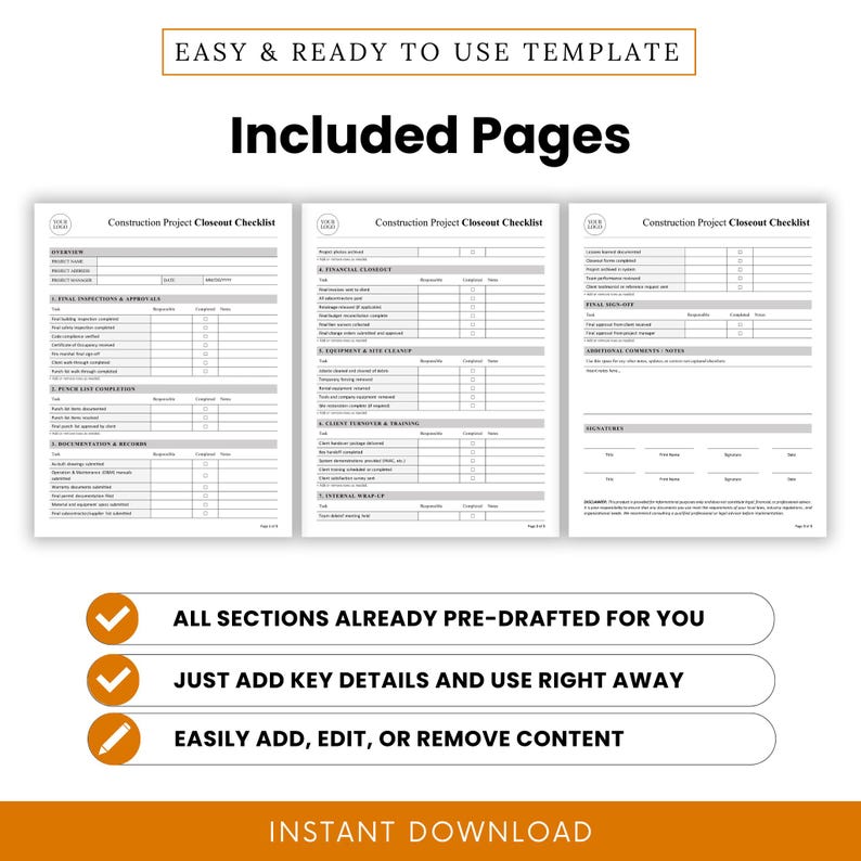 Construction Project Closeout Checklist Template – Word & PDF, A4 + US ...