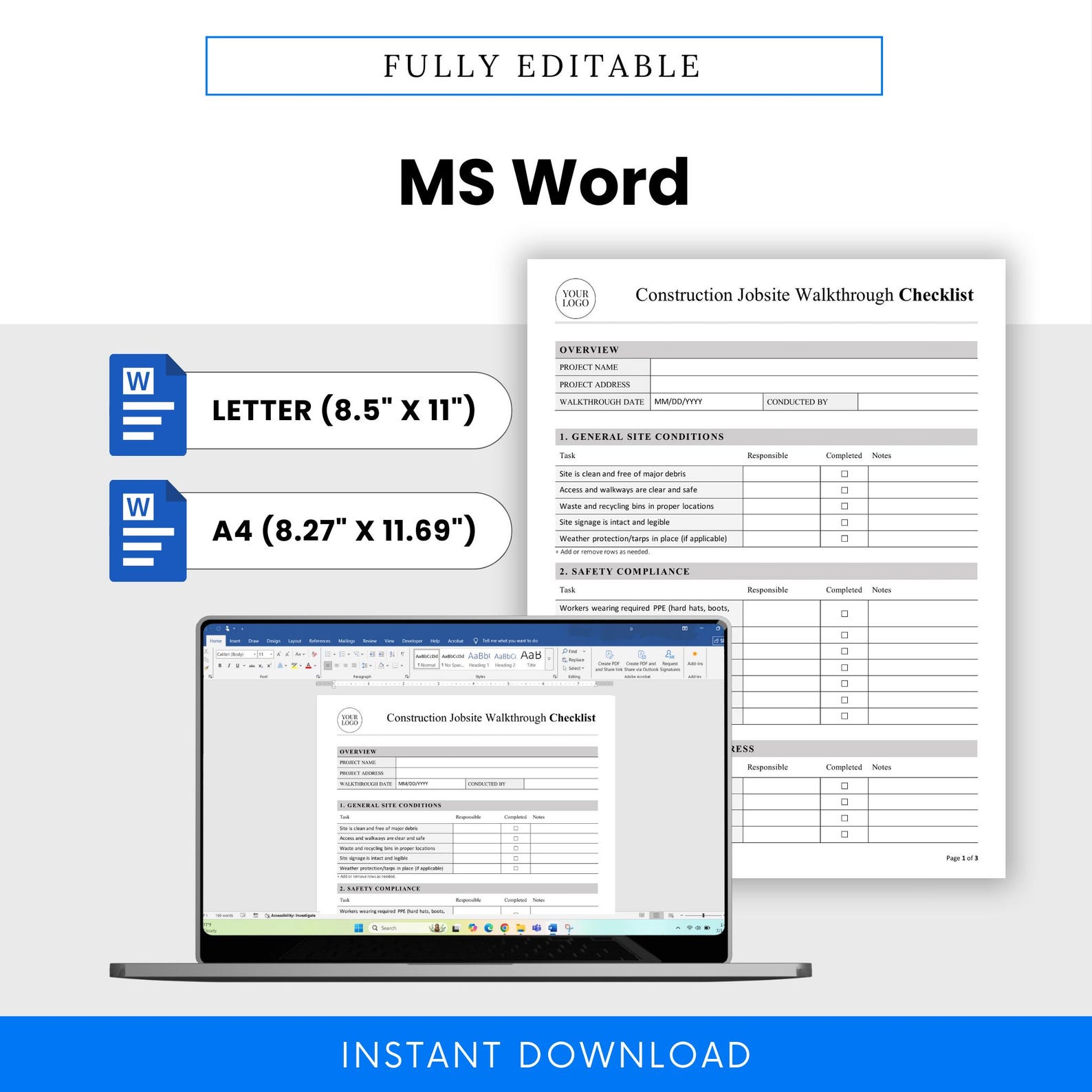 Construction Jobsite Walkthrough Checklist Template – Word & PDF, A4 ...